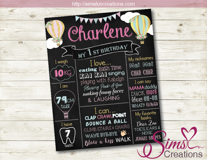HOT AIR BALLOON THEME MILESTONE BOARD | GIRL'S BIRTHDAY CHALKBOARD POS ...