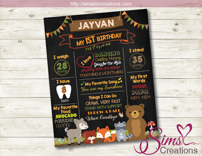 WOODLAND ANIMALS MILESTONE BOARD | WOODLANDS BIRTHDAY CHALKBOARD POSTE ...